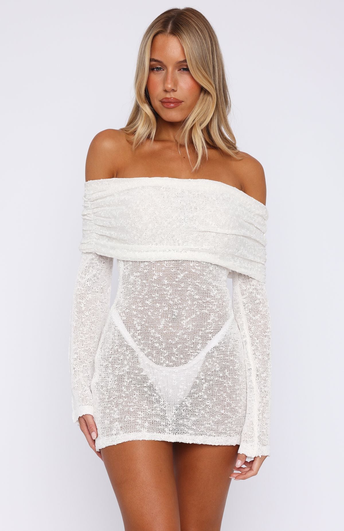 Can't Leave Me Long Sleeve Boucle Mini Dress White | White Fox Boutique US