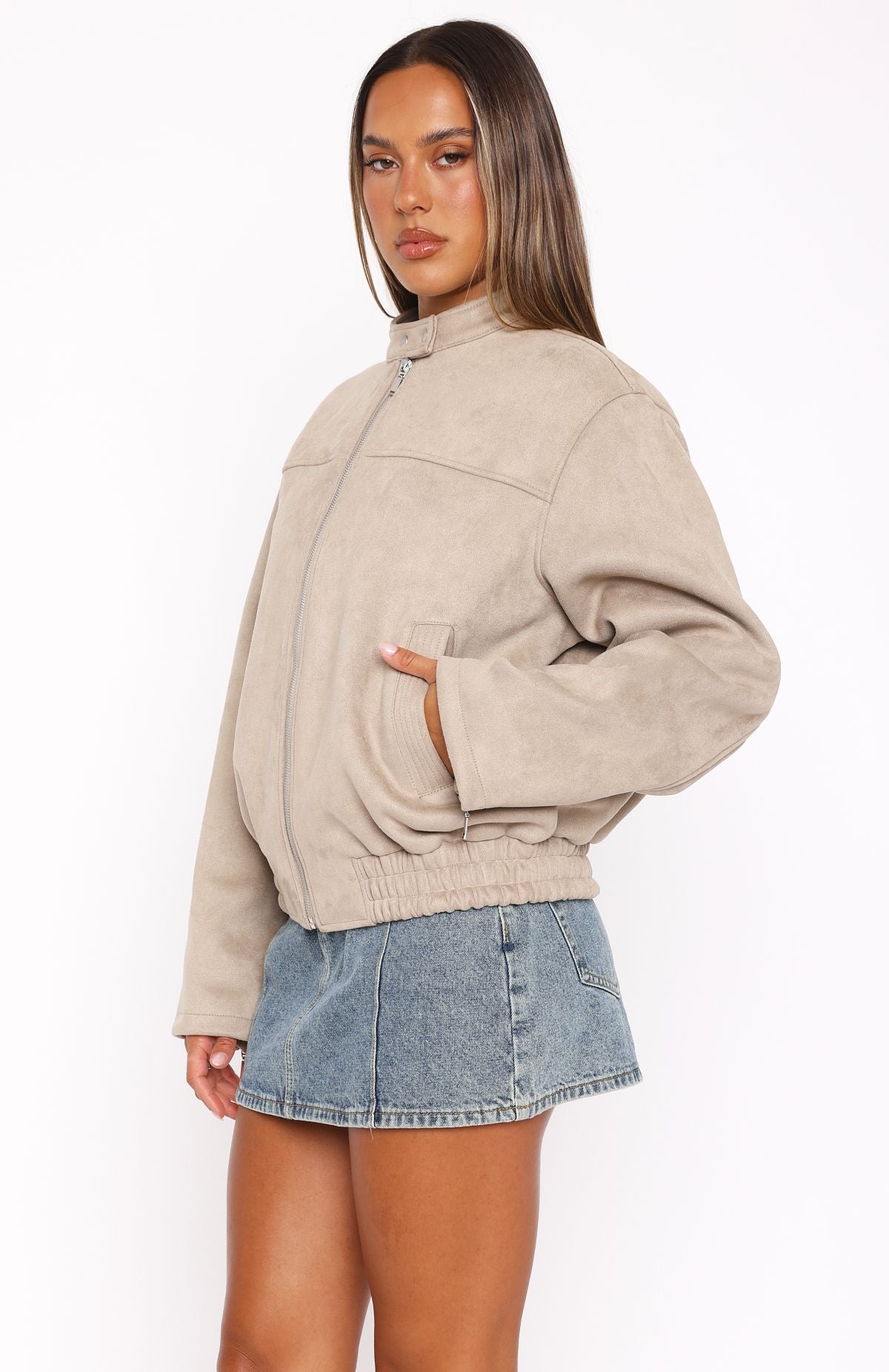 Watchin' Out Faux Suede Bomber Jacket Sand | White Fox Boutique US