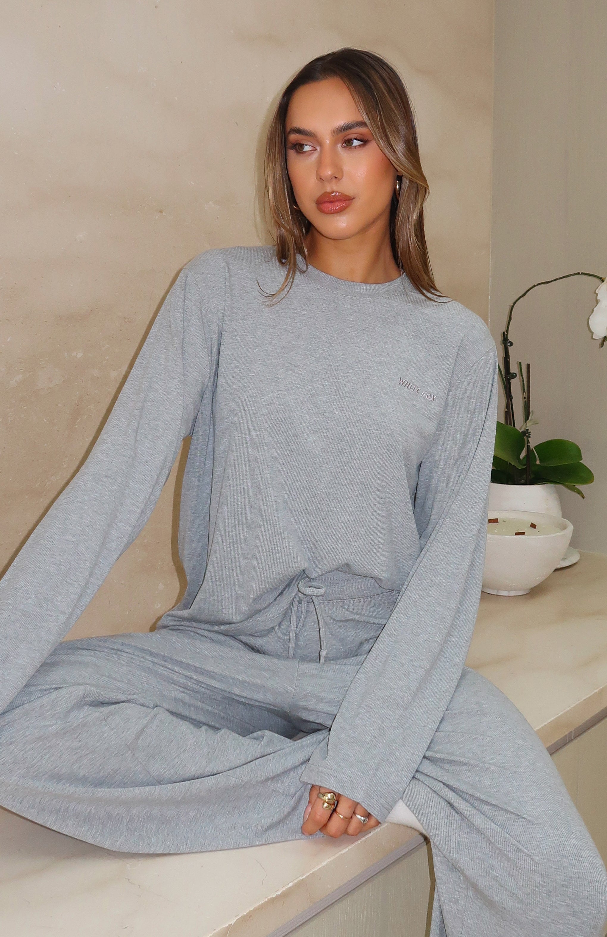 Come A Long Way Soft Lounge Long Sleeve Ribbed Tee Grey Marle | White ...