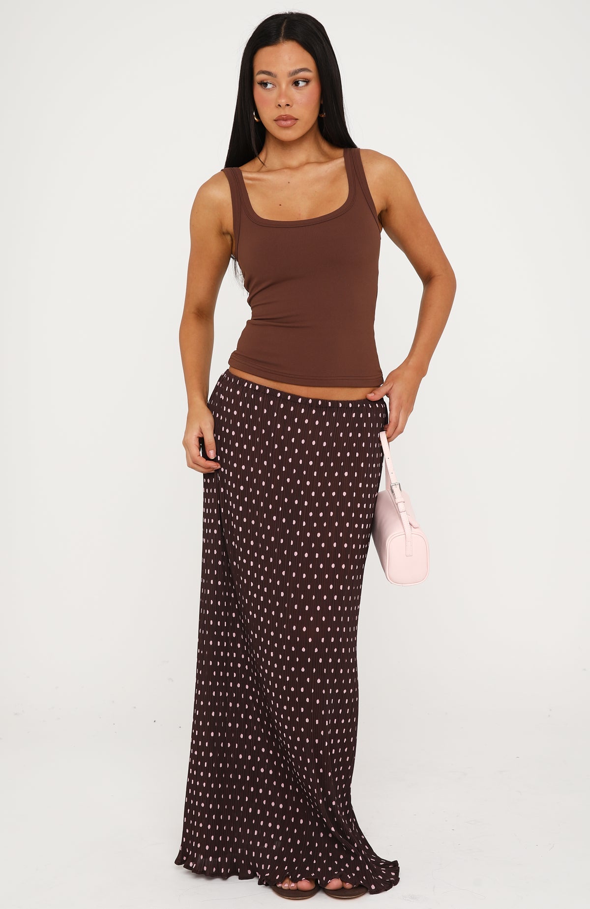Flow State Maxi Skirt Choc/Pink Polka Dot | White Fox Boutique US