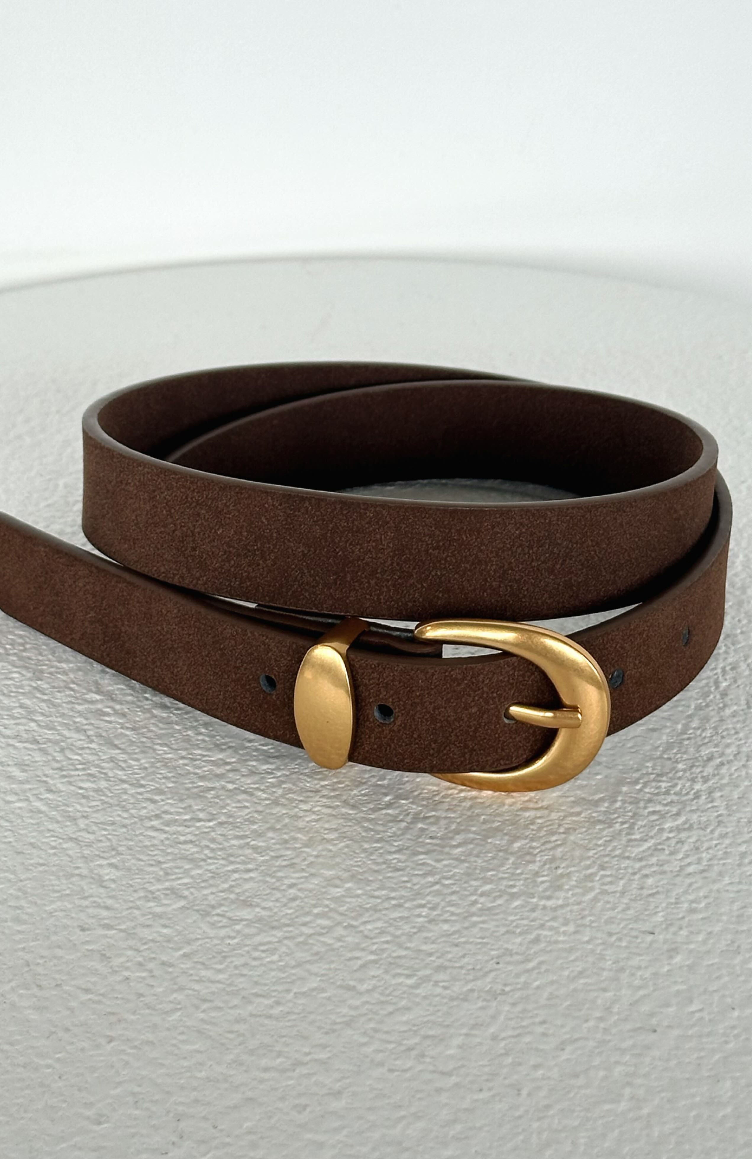 Milo Belt Chocolate Faux Suede/Gold | White Fox Boutique US