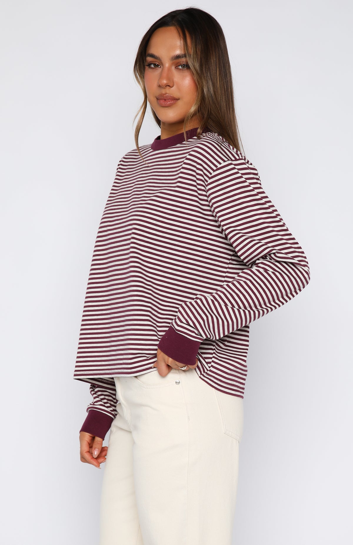 Touchdown Long Sleeve Tee Plum Stripe | White Fox Boutique US