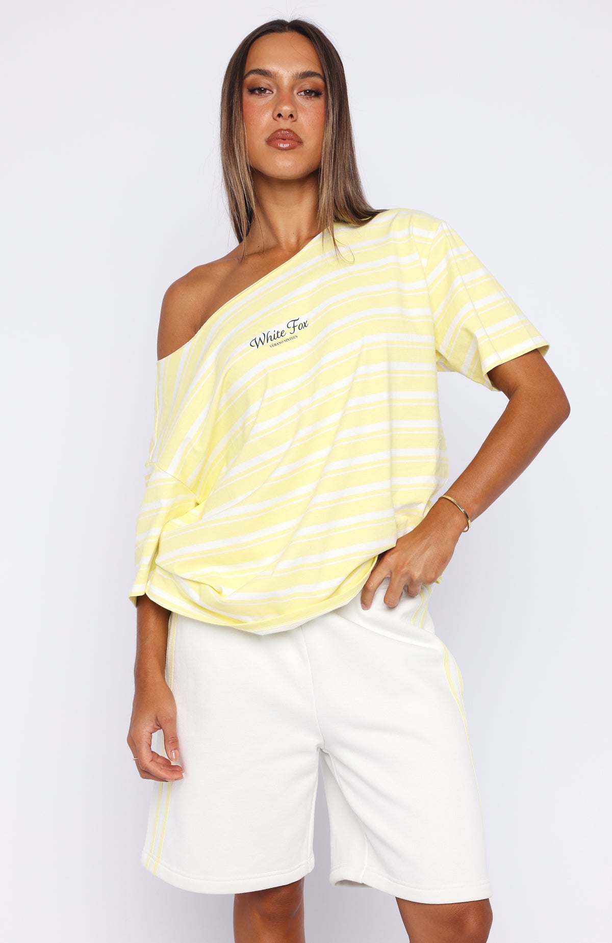 Verano Sixteen Magnolia Off Shoulder Oversized Tee Lemon/White Stripe ...