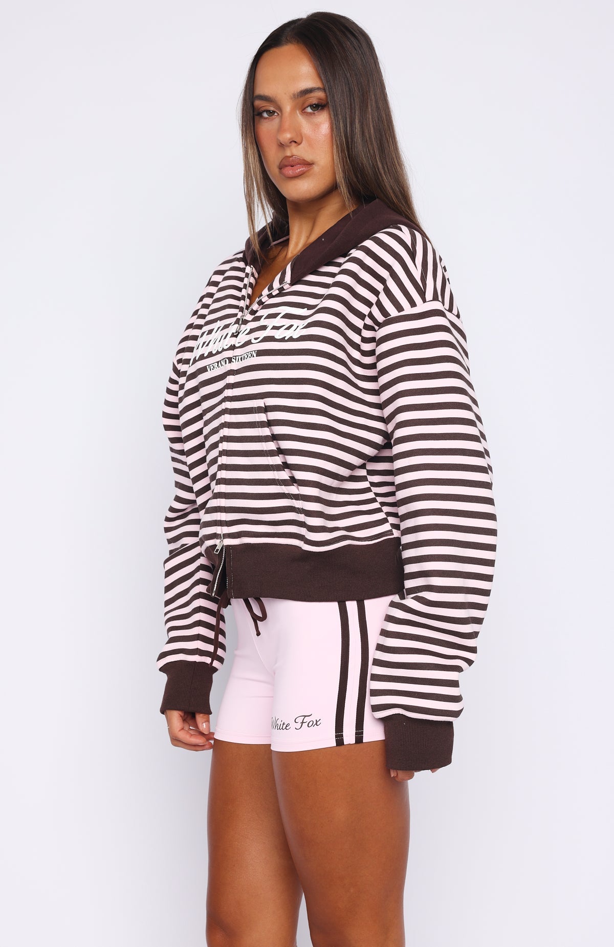 Verano Sixteen Maria Boxy Zip Front Hoodie Pink/Choc Stripe | White Fox ...