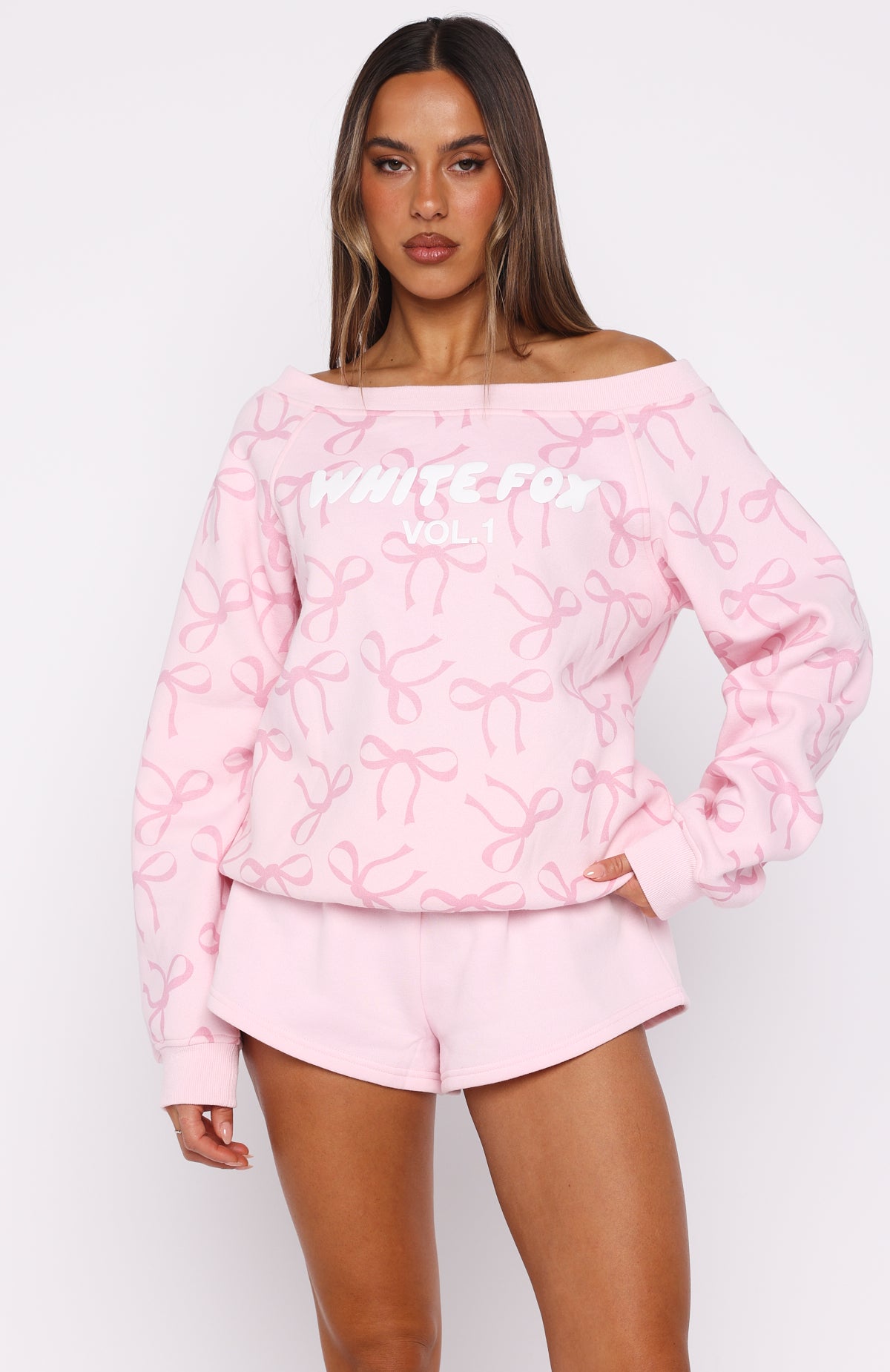 Vol. 1 Off Shoulder Printed Sweater Posy Bow | White Fox Boutique US