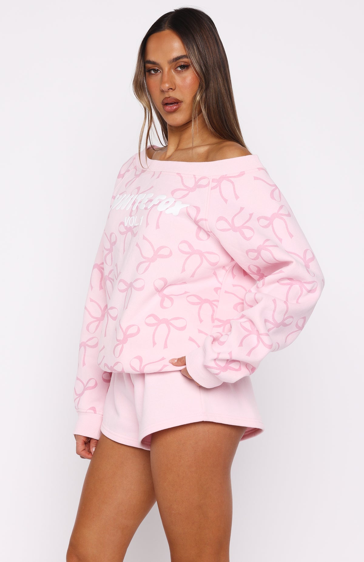 Vol. 1 Off Shoulder Printed Sweater Posy Bow | White Fox Boutique US