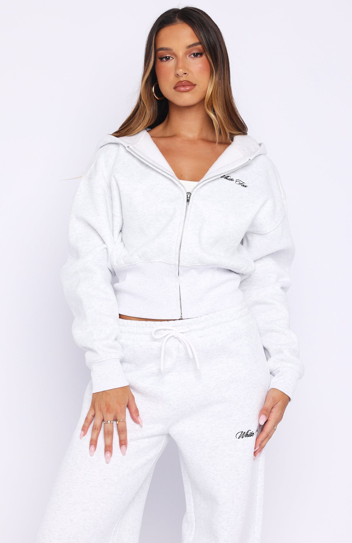 Wishing For It Cropped Cinched Zip Front Hoodie Grey Marle | White Fox ...