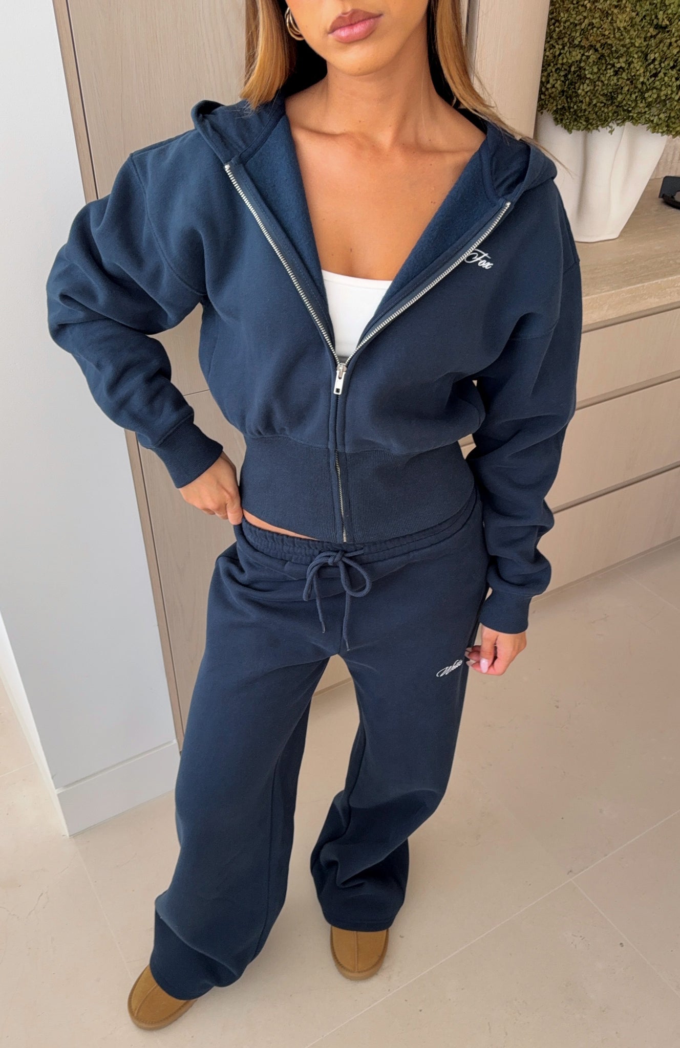 Wishing For It Cropped Cinched Zip Front Hoodie Navy | White Fox ...