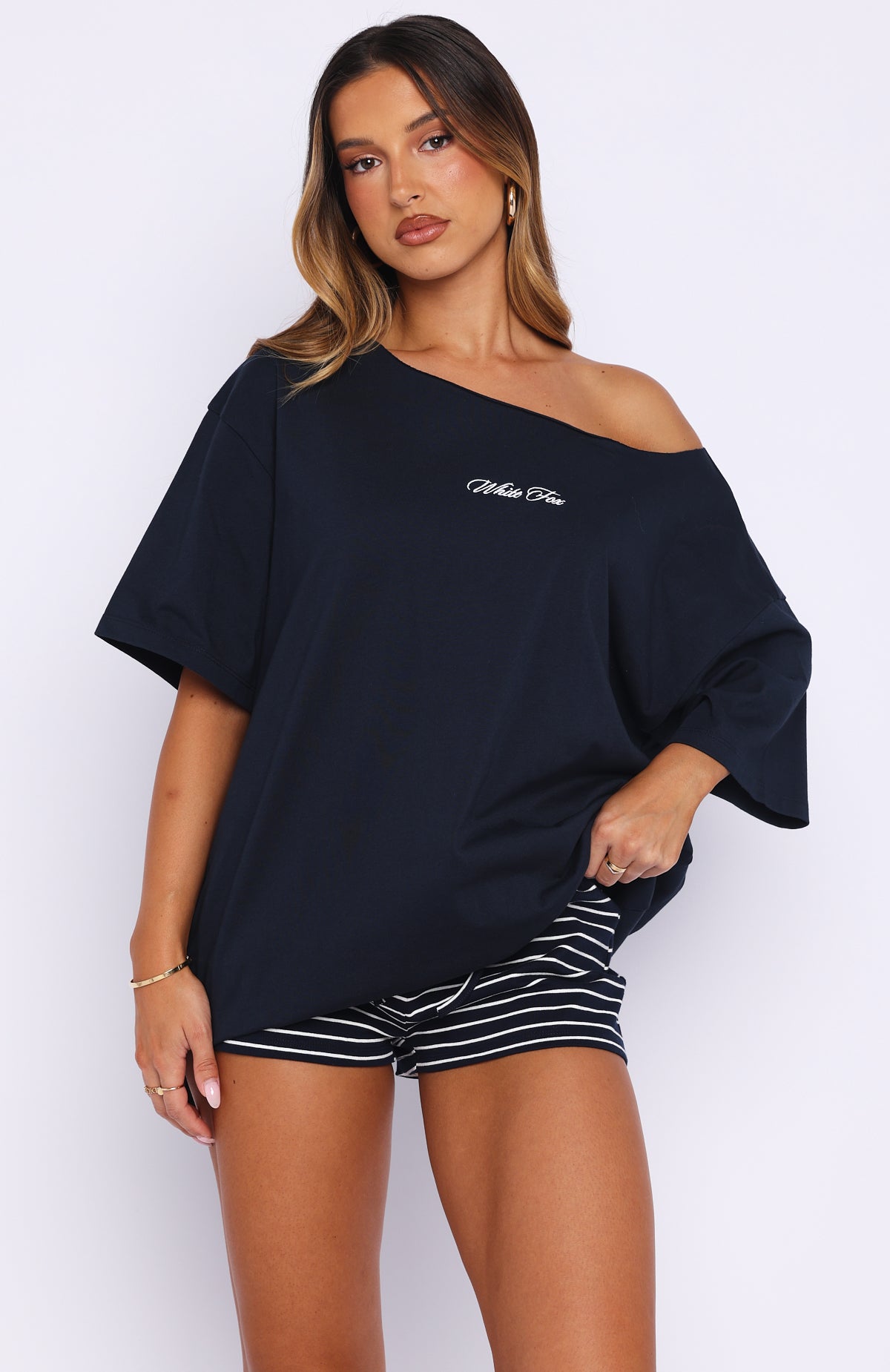 Wishing For It Off Shoulder Oversized Tee Navy | White Fox Boutique US